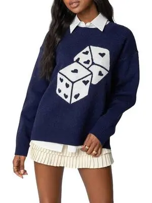 EDIKTED Roll The Dice Graphic Crewneck Sweater - Navy