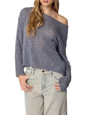 EDIKTED Bri One-shoulder Open Stitch Sweater - Blue