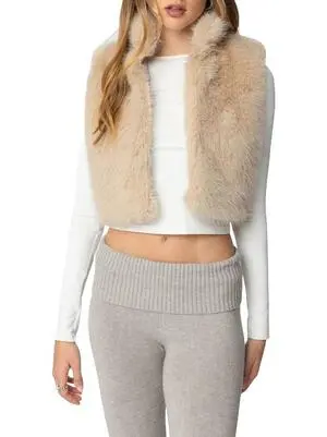 EDIKTED Cassandra Crop Faux Fur Vest - Tan