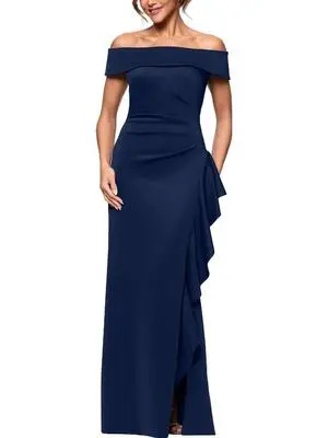 XSCAPE EVENINGS Ruffle Off-the-shoulder Scuba Knit Gown - Midnight