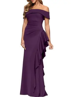 XSCAPE EVENINGS Ruffle Off-The-Shoulder Scuba Knit Gown Plum