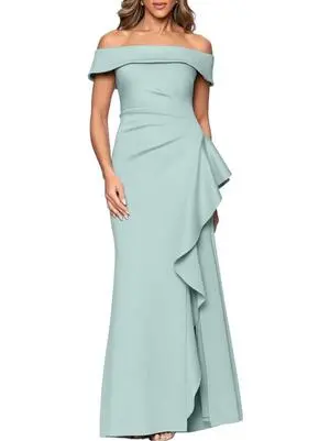 XSCAPE EVENINGS Ruffle Off-the-shoulder Scuba Knit Gown - Sage