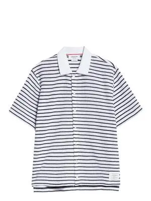 Thom Browne Stripe Short Sleeve Cotton Knit Button-up Shirt - Navy