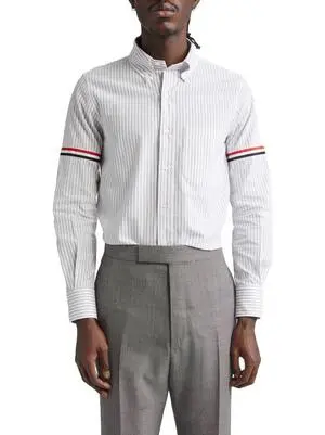Thom Browne Armband Stripe Cotton Button-down Shirt - Medium Grey