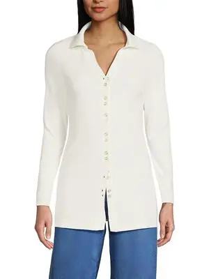 LANDS' END Long Sleeve Ribbed Tunic Shirt - Ivory