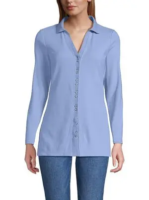 LANDS' END Long Sleeve Ribbed Tunic Shirt - Light Sea Blue