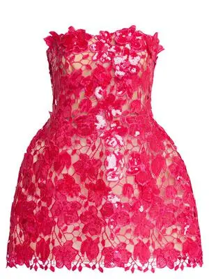 Retrofete Alira Strapless Sequined Lace Mini Dress - Cerise