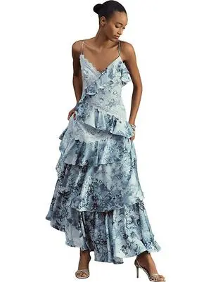 Bhldn Elora Sleeveless V-neck Ruffle Lace Maxi Dress - Blue Combo