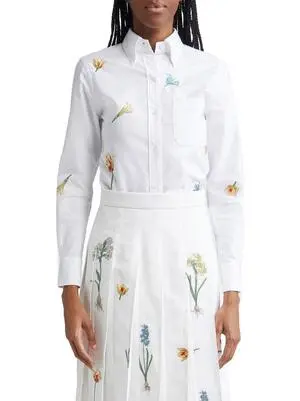 Thom Browne Floral Embroidered Cotton Shirt - White