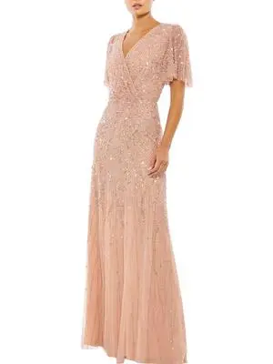 Mac Duggal Embellished Flutter Sleeve Gown - Nude
