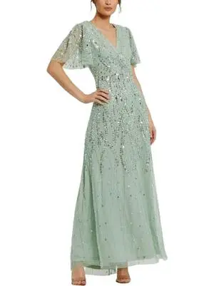 Mac Duggal Embellished Flutter Sleeve Gown - Sage