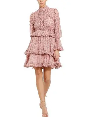 Mac Duggal Floral Chiffon Ruffle Mini Dress - Cinnamon