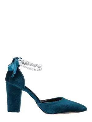 FOREVER & ALWAYS SHOES Block Heel Pumps With Pearl Ankle Strap - Teal Blue Velvet