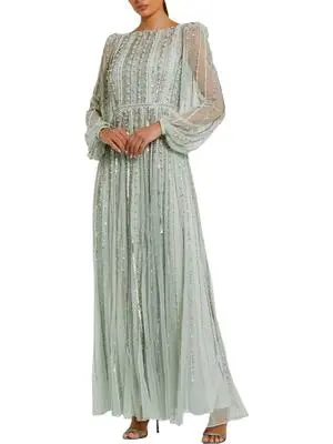 Mac Duggal Embellished Long Sleeve A-line Gown - Mint