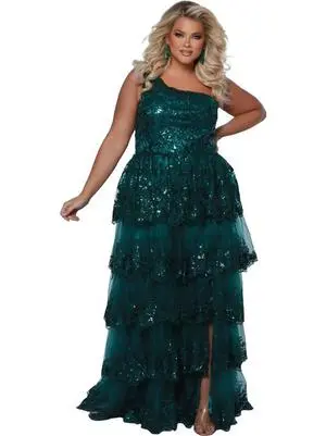 SYDNEY'S CLOSET One-shoulder Tiered A-line Gown - Forest