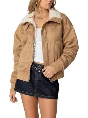 EDIKTED Faux Suede Shearling Bomber Jacket - Tan