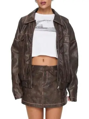 Princess Polly Tanza Faux Leather Bomber Jacket - Brown / Red