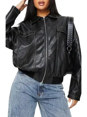 Princess Polly Tanza Faux Leather Bomber Jacket - Washed Black