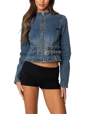 EDIKTED Double Buckle Denim Jacket - Blue