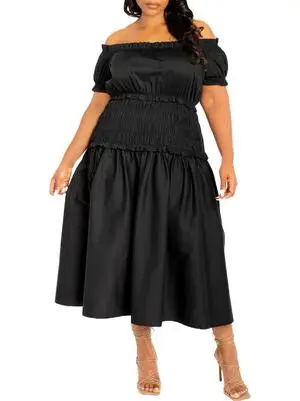 BUXOM COUTURE Off-the-shoulder Midi Fit-and-flare Dress - Black