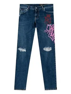 Dolce & Gabbana Distressed Graffiti-printed Skinny Jeans - Blue