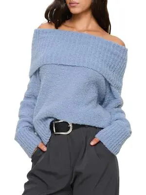 Princess Polly Parkley Off-the-shoulder Bouclé Sweater - Blue