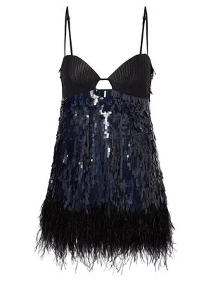 Johanna Ortiz Feather-trimmed Sequined Mini Dress - Blue