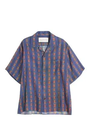 Valentino Garavani Linen Bowling Shirt With All-over Voyage Imaginaire Print - Blue