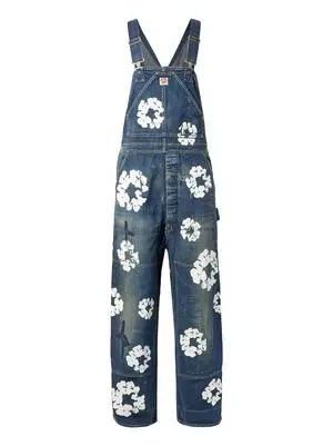 SAINT MXXXXXX Denim Tears Distressed Patchwork Floral-print Denim Overalls - Blue