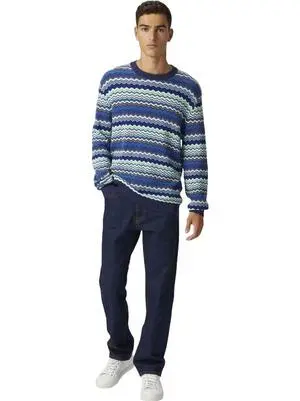 Missoni Cotton Crew-neck Pullover With Micro Zigzag And Contrasting Piping - Blue