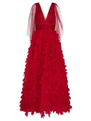 Marchesa Appliquéd Plissé Tulle And Organza Gown - Crimson