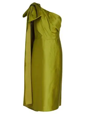 Marchesa One-shoulder Satin-twill Midi Dress With Bow Detail - Leaf Green