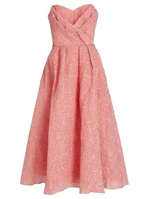 Marchesa Strapless Pleated Cloqué Midi Dress - Antique Rose