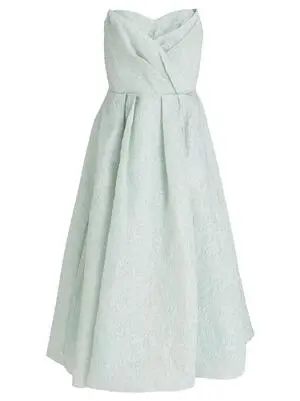 Marchesa Strapless Pleated Cloqué Midi Dress - Mint
