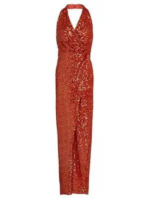 Halston Svetlana Wrap-effect Sequined Mesh Halterneck Gown - Copper