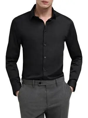 Mango Slim Fit Stretch Poplin Button-up Shirt - Black