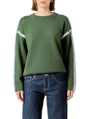 English Factory Stitch Detail Cotton Sweater - Moss Multi