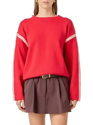 English Factory Stitch Detail Cotton Sweater - Red/pink