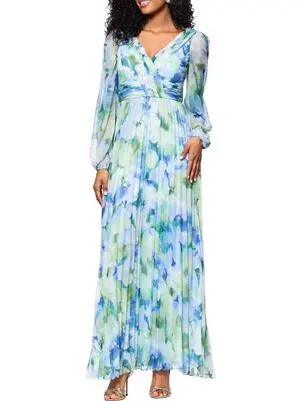 Betsy & Adam Floral Pleated Gown - Blue/ Multi