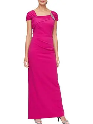 Alex Evenings Cap Sleeve Crepe Gown - Fuchsia