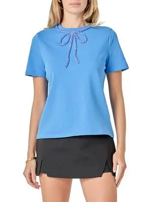 English Factory Beaded Bow Cotton T-shirt - Blue