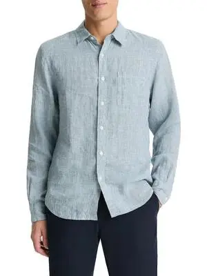 Vince Houndstooth Classic Fit Linen Button-up Shirt - Marlin Teal/ Optic White