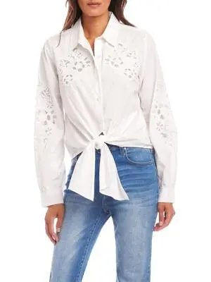 Karen Kane Tie Front Embroidered Button-up Shirt - Off White