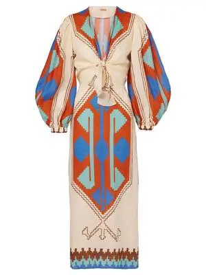 Johanna Ortiz Printed Linen Midi Dress With Tie Detail - Multicoloured