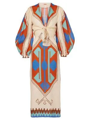 Johanna Ortiz Johanna Ortiz Printed Linen Midi Dress With Tie Detail Multicoloured