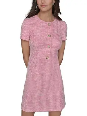 Karl Lagerfeld Paris Karl Lagerfeld Paris Knit Tweed A-Line Dress With Flower Buttons Pink Sherbert/soft White