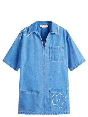 Marni Denim Shirt Dress With Flower Appliqu - Cobalt