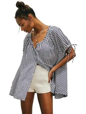 Free People Farley Gingham Tunic - Navy Combo
