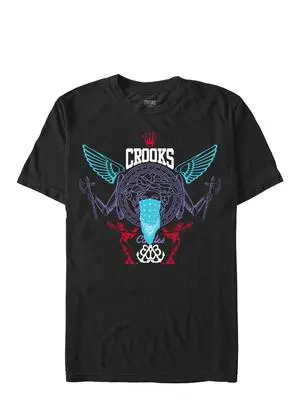 CROOKS & CASTLES Abstract Medusa Purple And Blue Logo Short Sleeve Graphic T-shirt - Black
