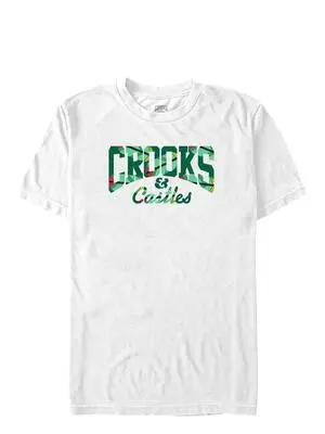 CROOKS & CASTLES Green Tropical Print Graphic T-shirt - White
